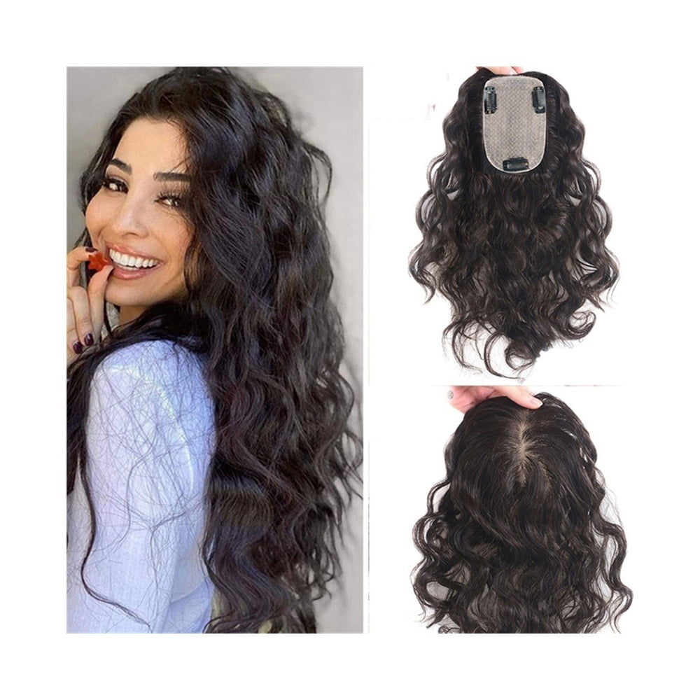 12 Inch Loose Wavy Human Hair Topper for Women Breathable Silk Base ...