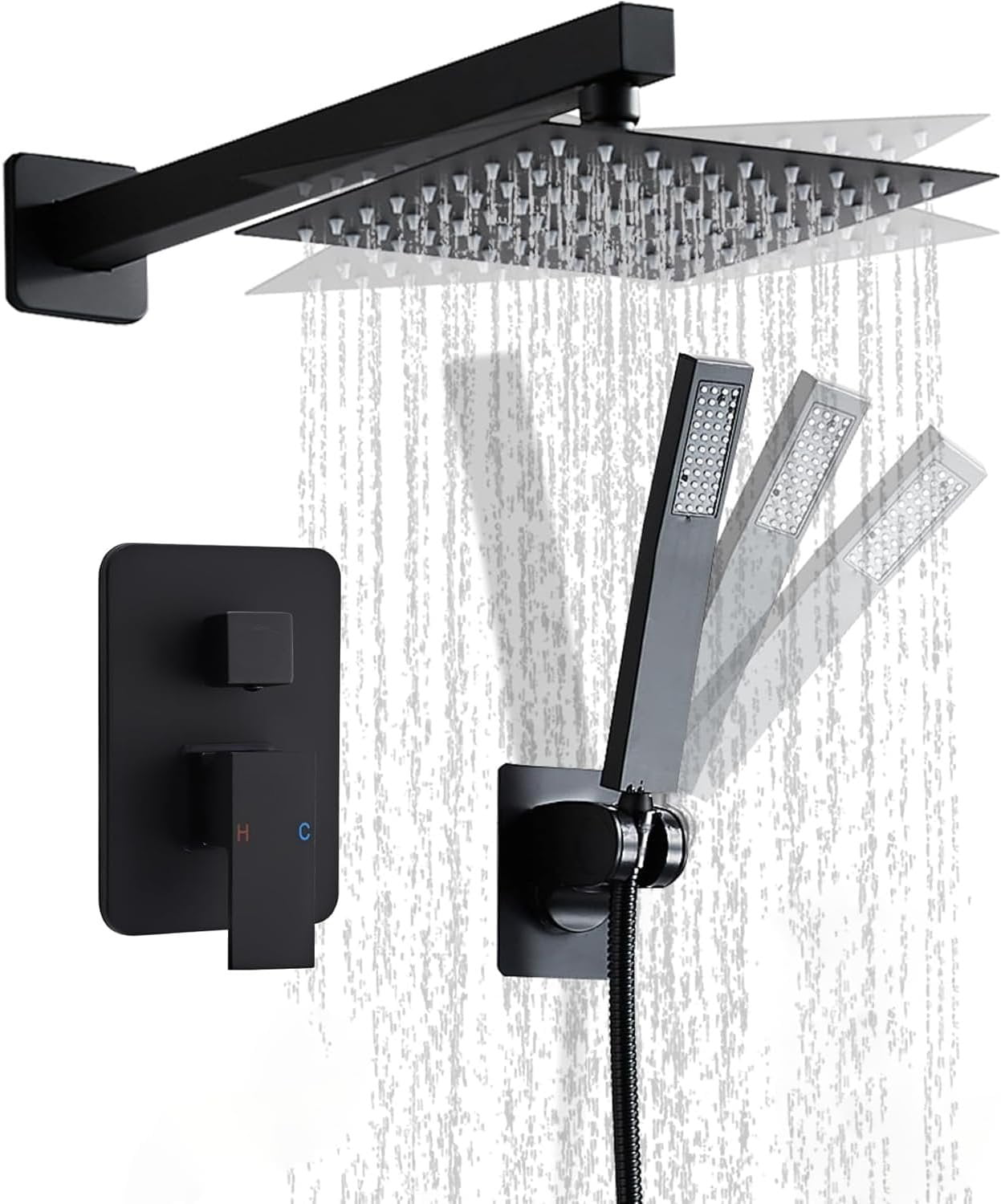 12 Inch Matte Black Shower Faucet Set with Square Rain Shower and ...