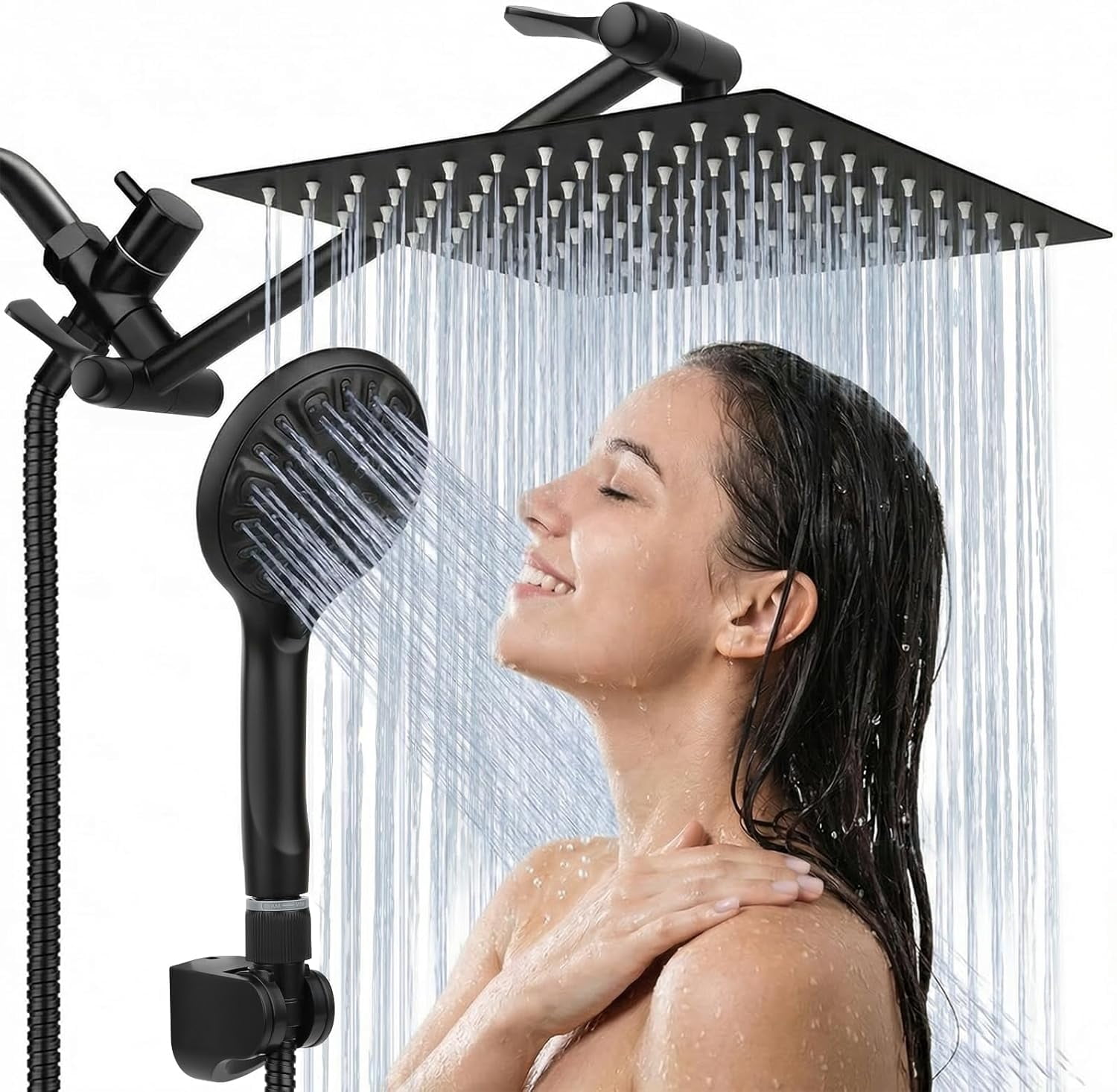 12 Inch Matte Black Square Shower Head Set with High-Pressure Rainfall ...