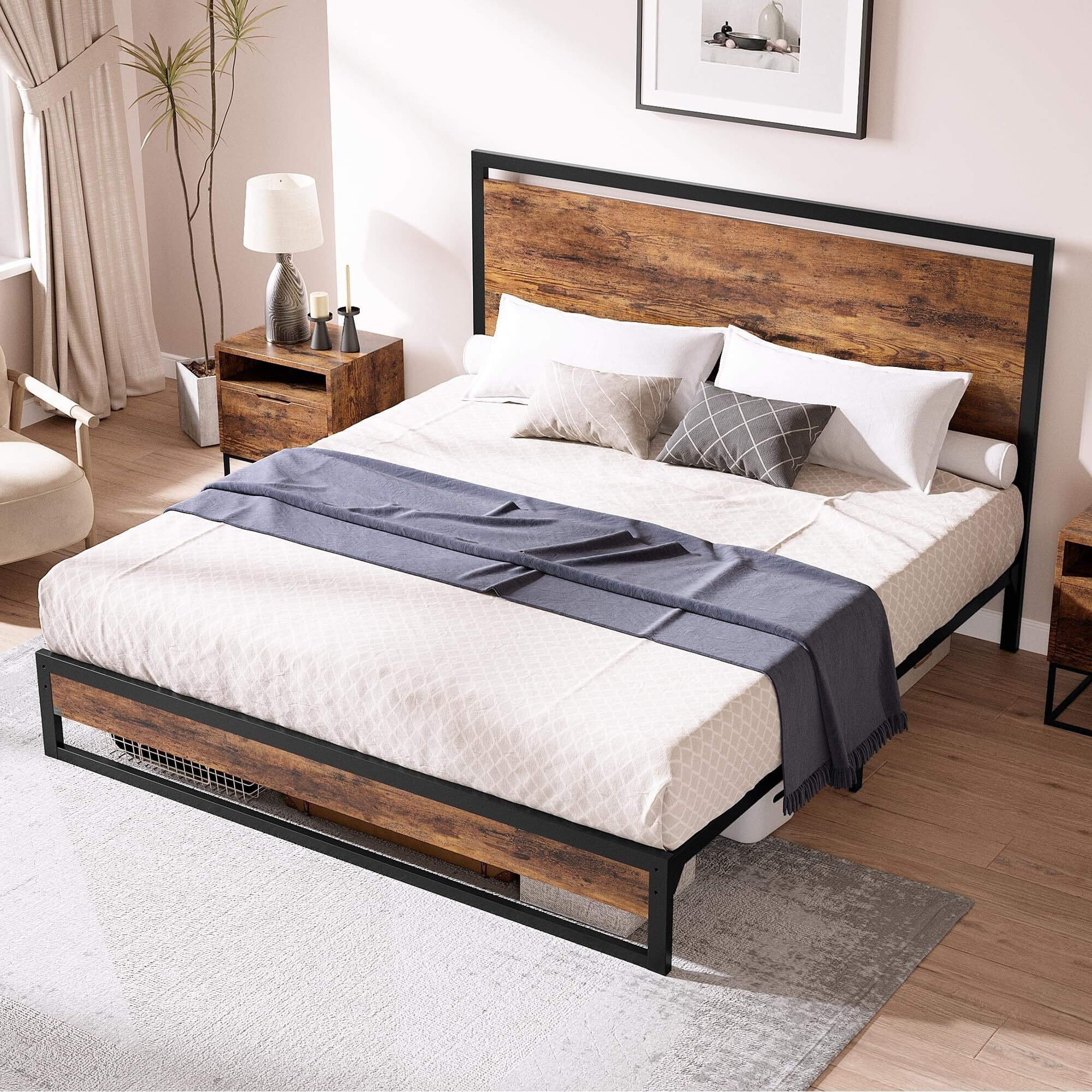 12 Inch Metal Platform Bed Frame with Wooden Headboard and Footboard ...