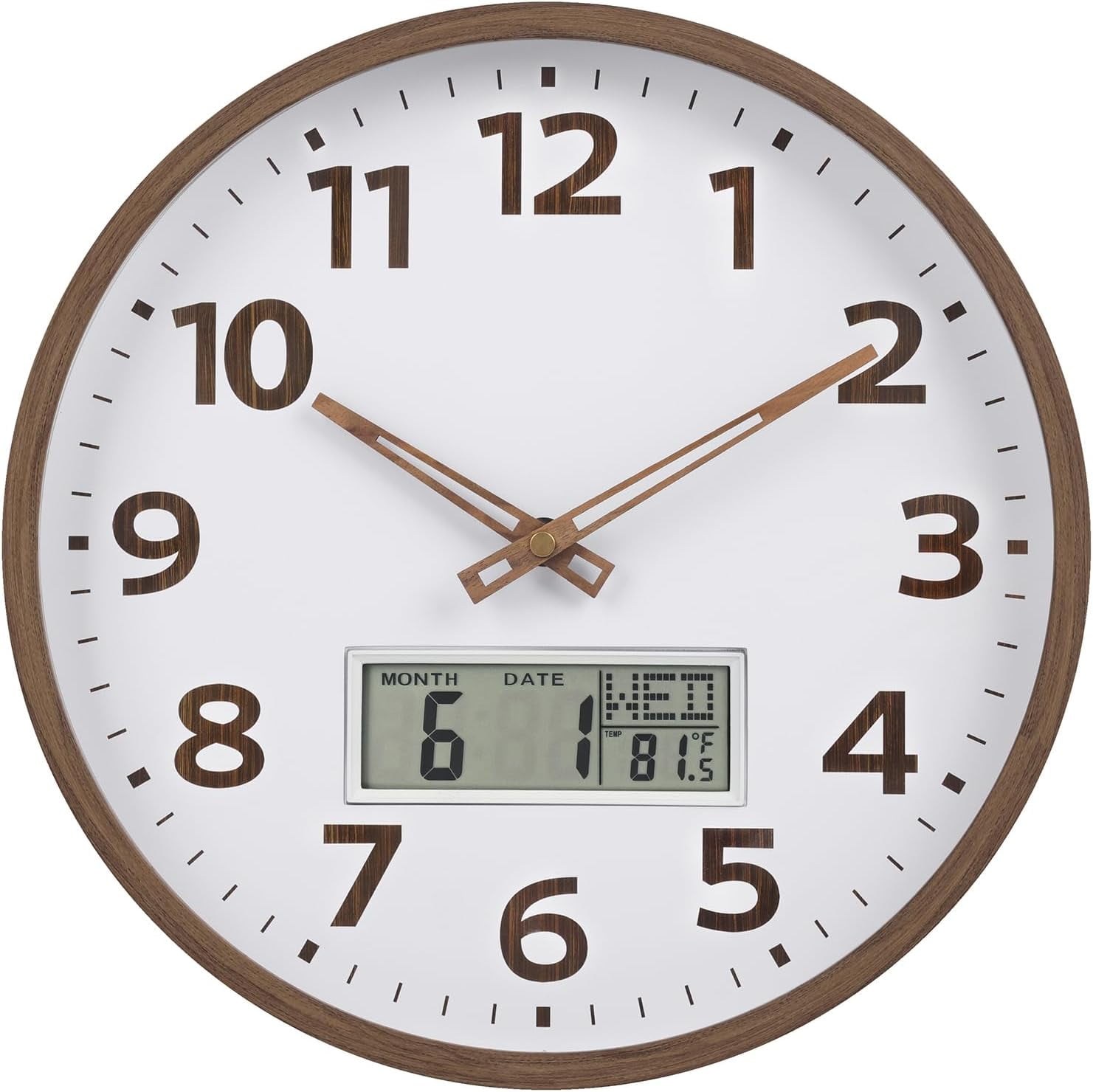 12 Inch Modern Dark Brown Wood Grain Wall Clock with LCD Display ...