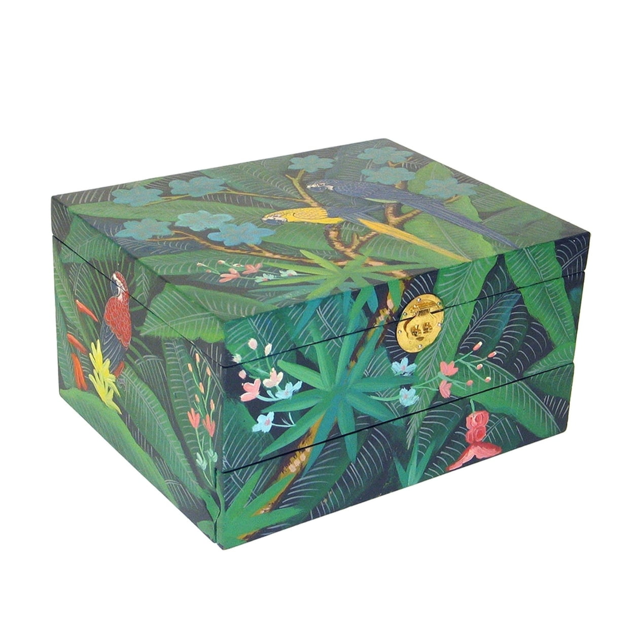 12 Inch Modern Wood Square Box with Tropical Design, Round Lock ...