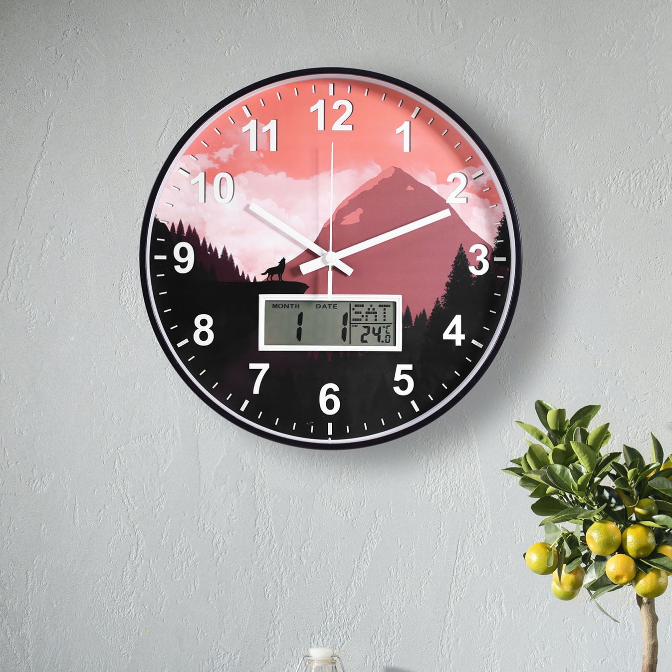12 Inch Mondern Wall Clock With Week Date Temperature of LCD,Wolves ...