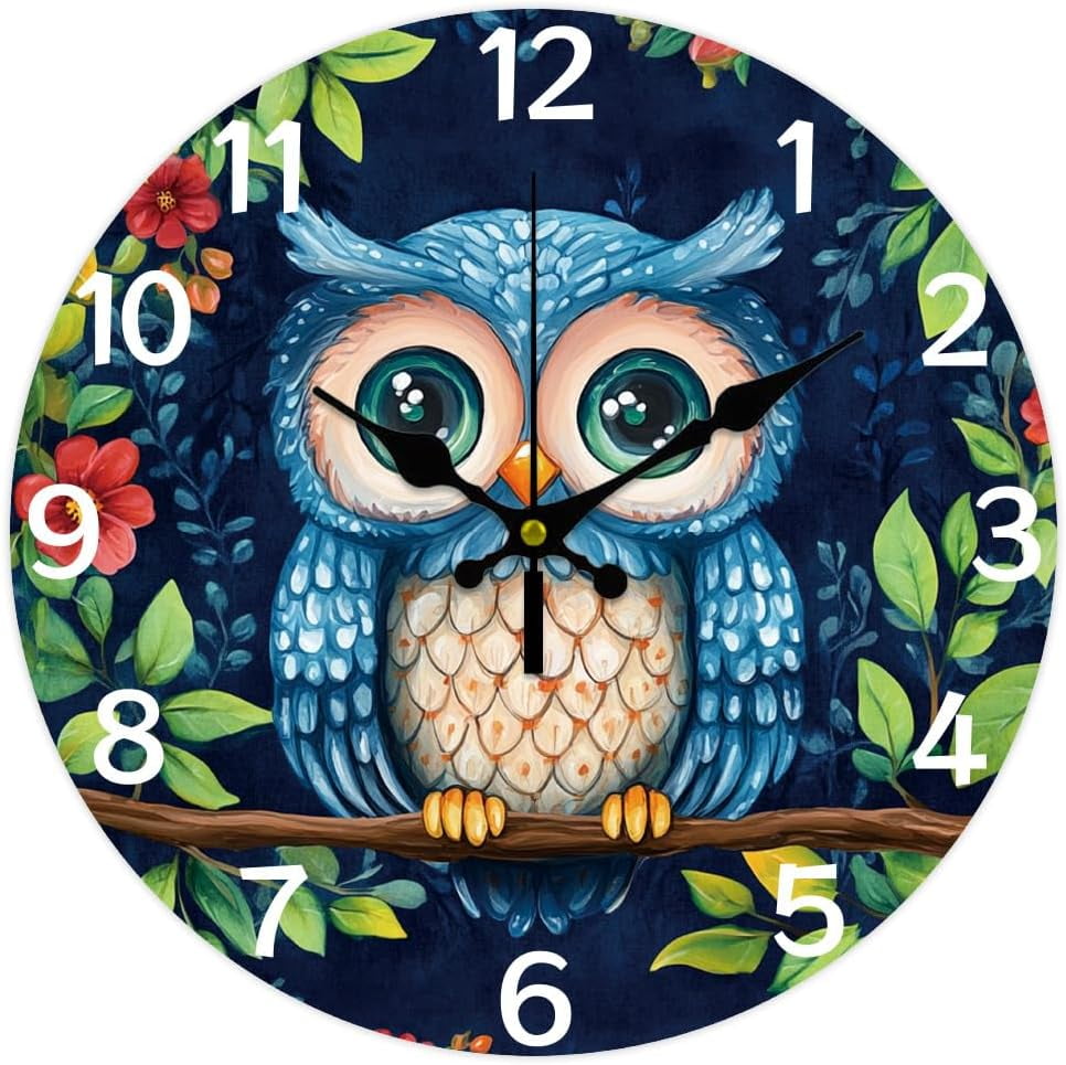 12 Inch Owl Wall Clock Cartoon Owl Wall Clocks Battery Operated Silent Non Ticking Wall Clock ...