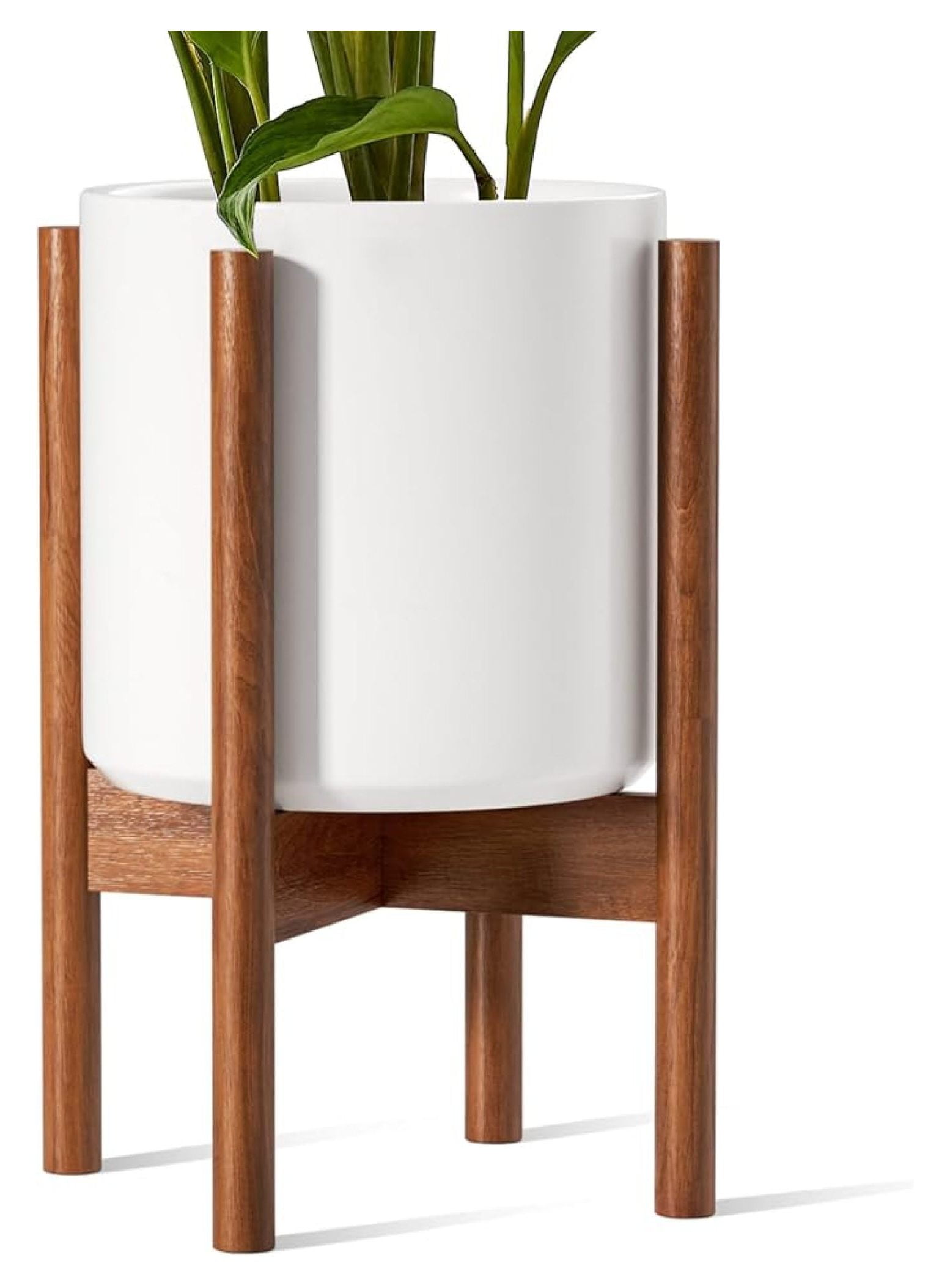 12 Inch Plant Pot with Wood Stand, Ceramic Planter for Indoor Plants ...