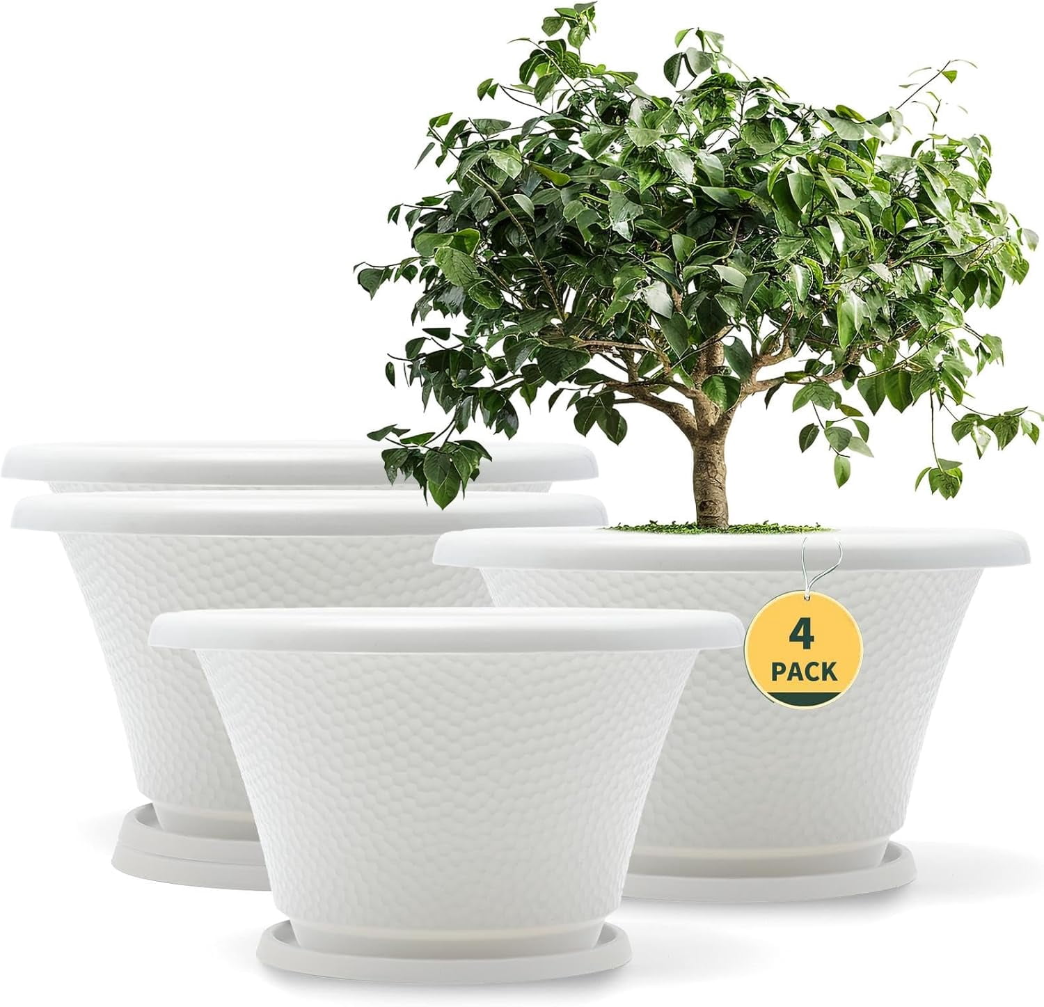 12 Inch Plant Pots 4 Pack with Drainage Hole and Saucer, Large Modern ...