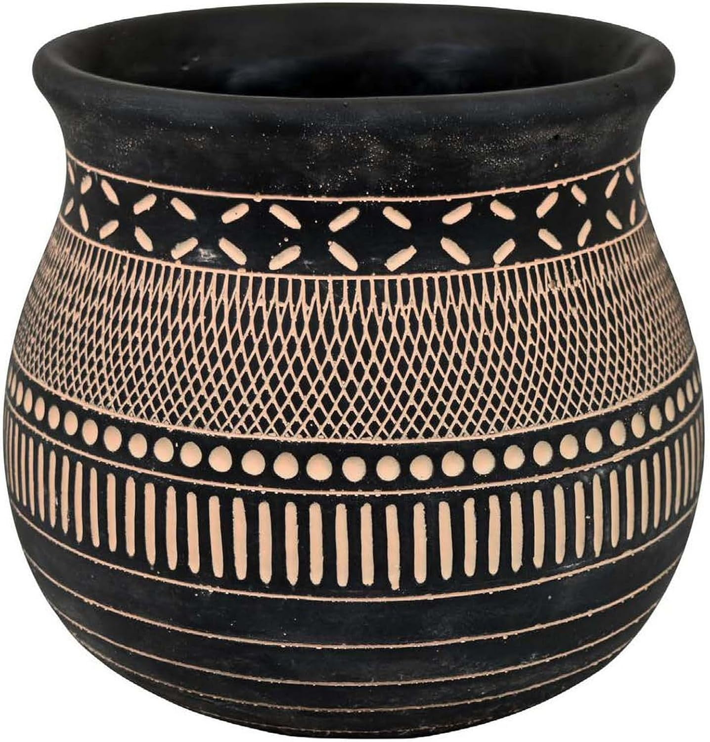 12 Inch Planter, Resin, Large Pot Shape, Tribal Design, Black and Beige ...