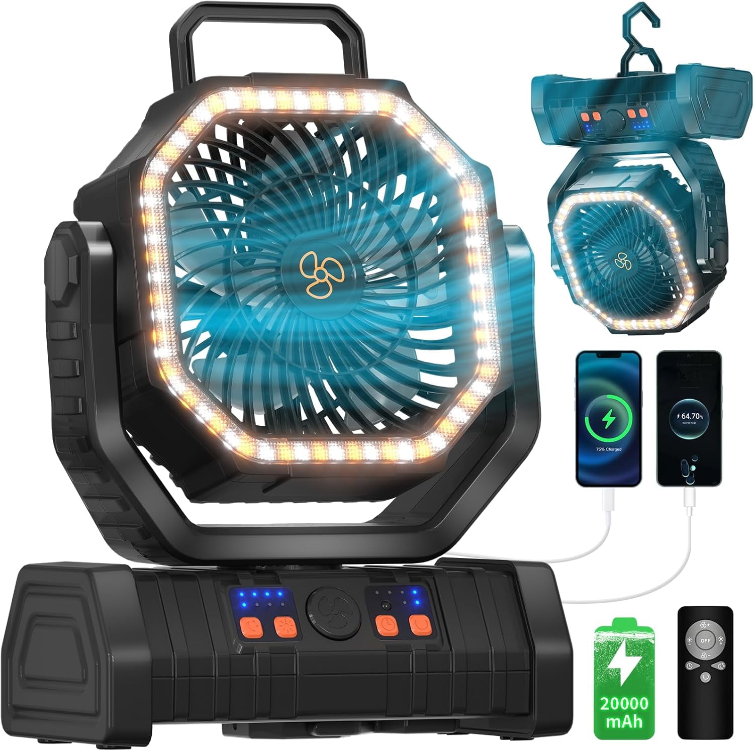12 Inch Portable Camping Fan, 40000mAh Rechargeable Battery Powered Fan ...