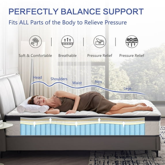 12 Inch Queen Medium Firm Mattress Pocketed Coil & Gel Memory Foam ...