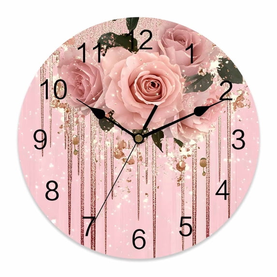12 Inch Rose Flower Wall Clock, Floral Gold Glitter Pink Background ...