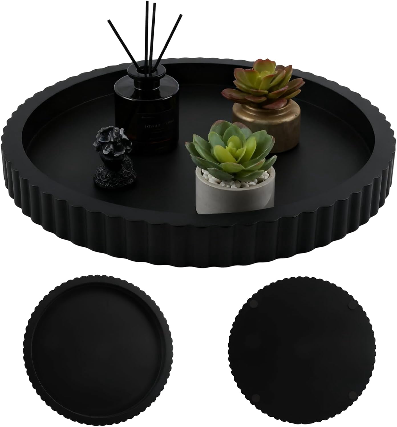 12 Inch Round Wood Grain Tray, Black Decorative Centerpiece Tray, MDF ...