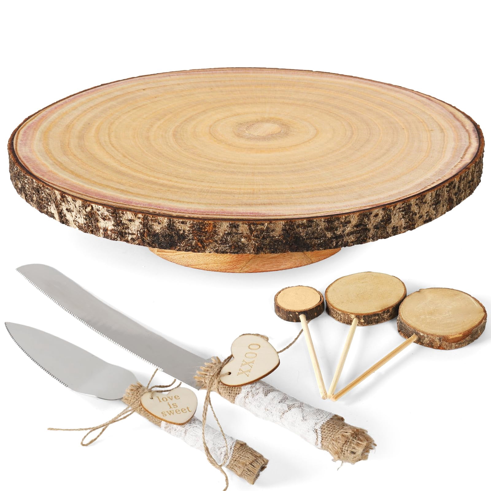 12 Inch Rustic Wood Cake Stand Set with Bark Edge and Server + Blank ...