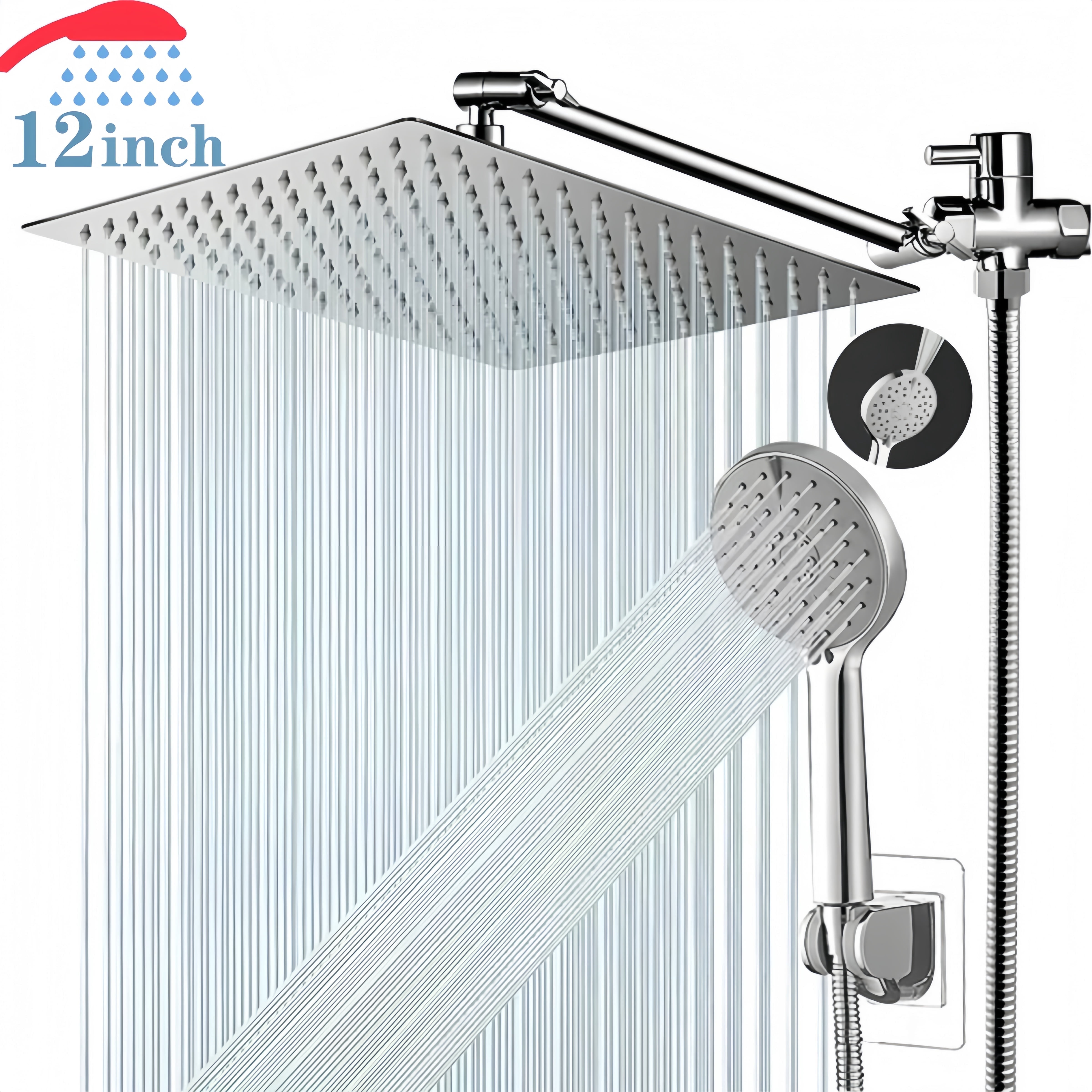 "12-Inch Rain Shower Head Combo, Stainless Steel High Pressure, 5 ...