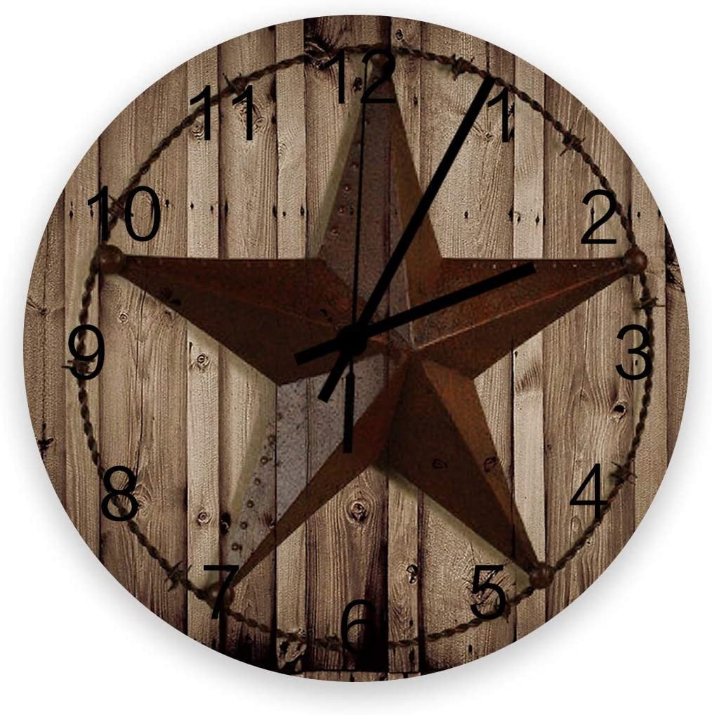 12 Inch Silent Round Wooden Wall Clock Western Texas Star Rustic Wood ...