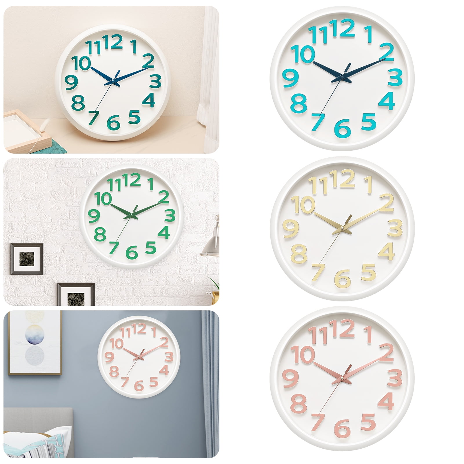 12-Inch Silent Wall Clock Round Dial Pointer 3D Numbers Display Battery ...