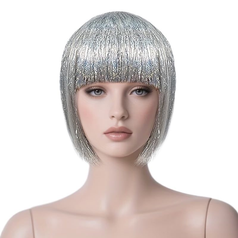 12-Inch Silver Sequin Short Hair Wig with Bangs - Stylish and Versatile ...