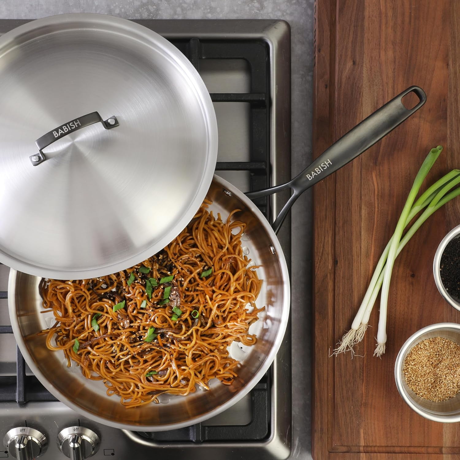 12-Inch Tri-Ply Stainless Steel Frying Pan with Lid & Black Handle ...