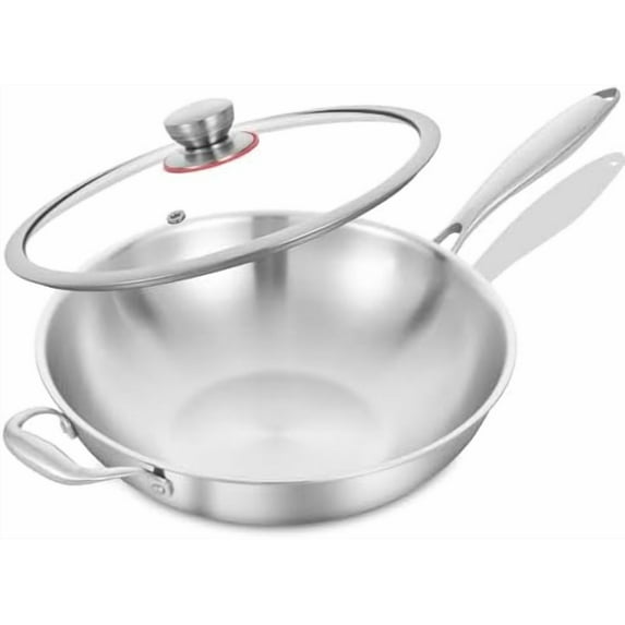 12 Inch Tri-Ply Stainless Steel Wok Pan with Lid, Stir-Frying Pan ...