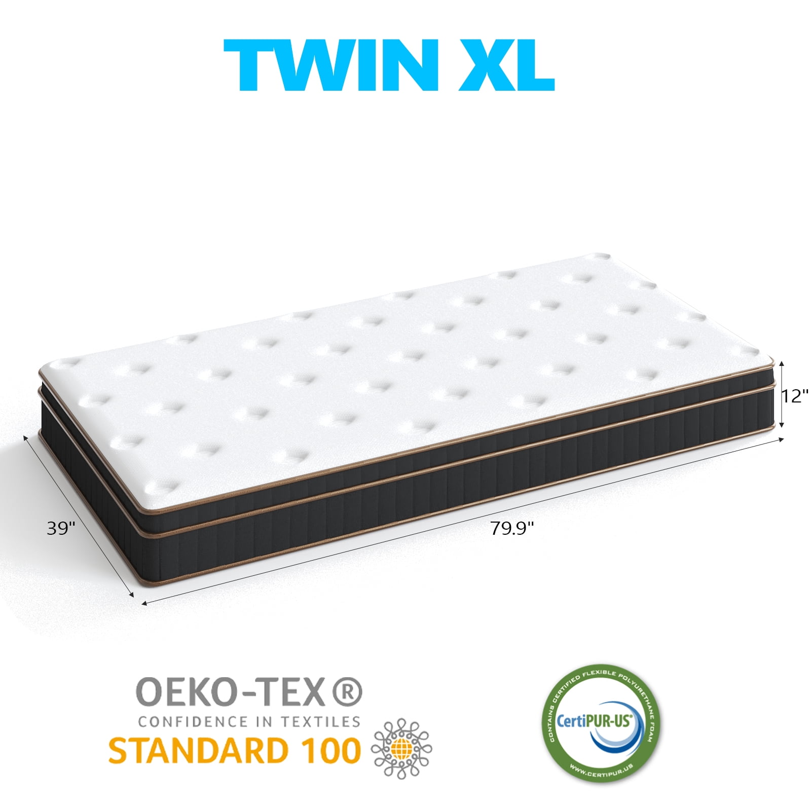 12-Inch Twin XL Innerspring Mattress, Medium Firm Black Gold Trim White ...