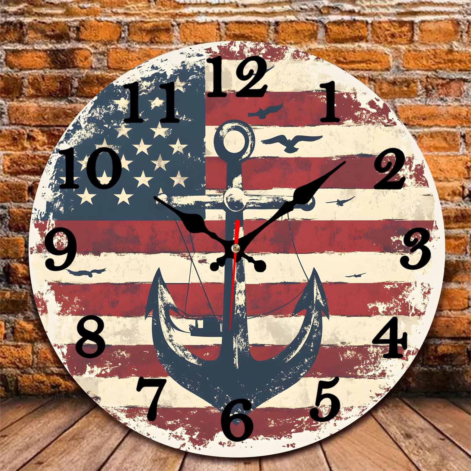 12 Inch Wall Clock, American Flag Wooden Round Wall Clocks with Silent ...