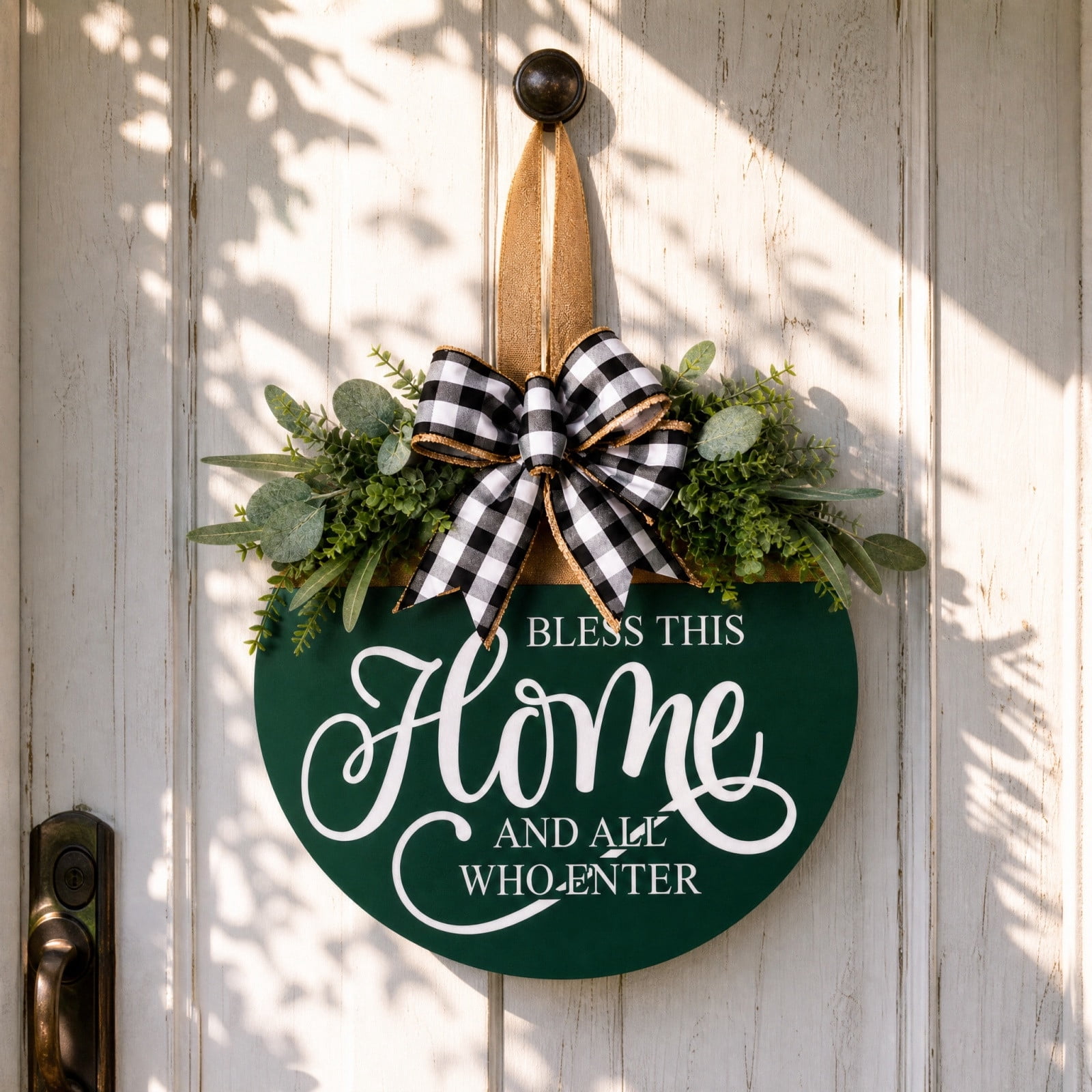 12 Inch Welcome Home Door Wooden Sign, Plaque with Buffalo Plaid Bow ...
