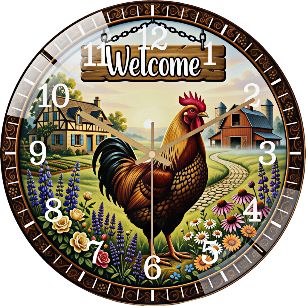 12 Inch Welcome Rooster Glass Wall Clock for Hanger Office Room, Living ...
