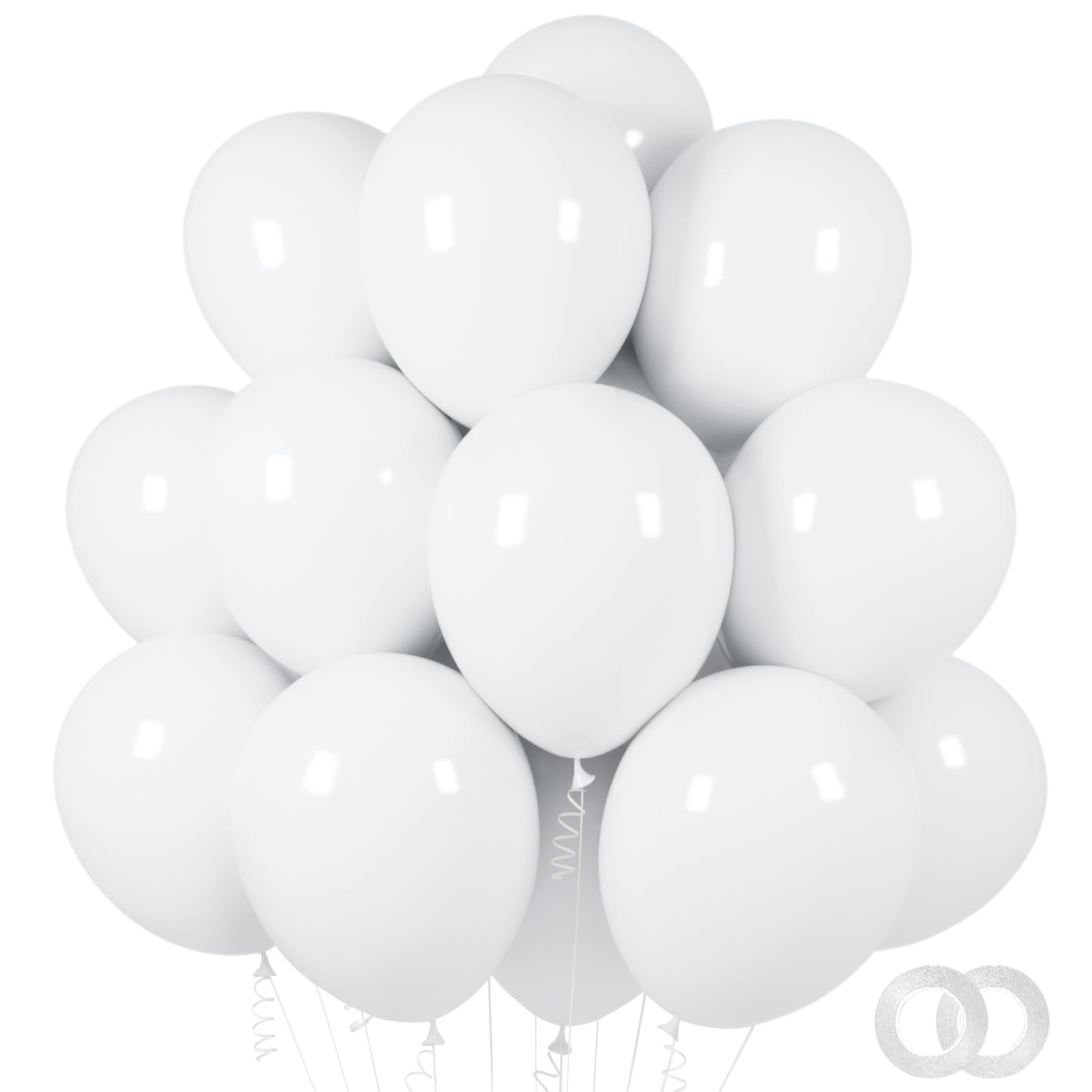 12 Inch White Balloons Bulk 100 Pack Latex with 2 Ribbon Rolls Birthday ...
