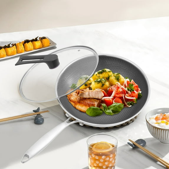 12 Inch Wok Pan with lid, Food-Grade Stainless Steel Woks & Stir-fry ...
