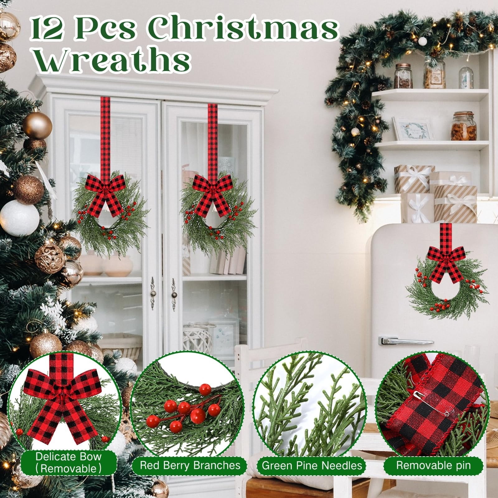 12 Inches 3D Christmas Wreath Set of 6 with Plaid Ribbon and Berry Bow ...