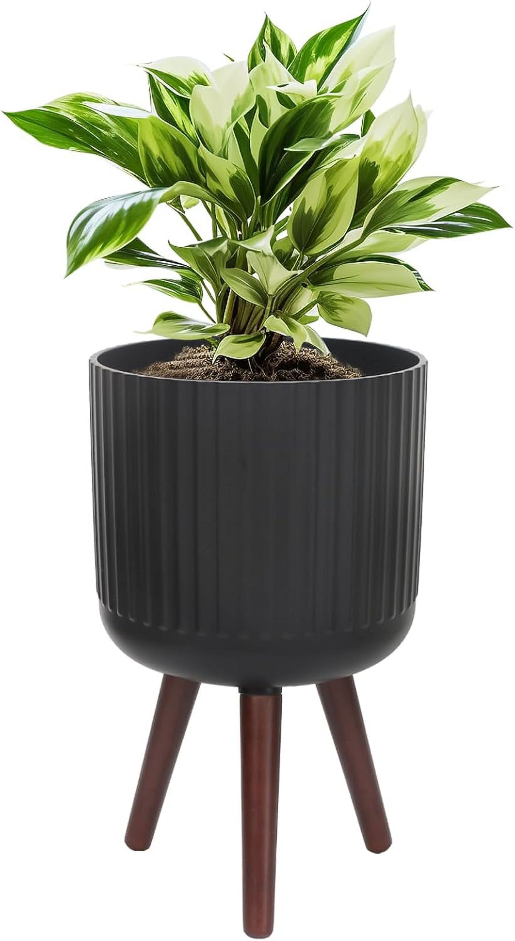 12 Inches Plant Pot with Wood Stand Large Round Planter with Drainage ...