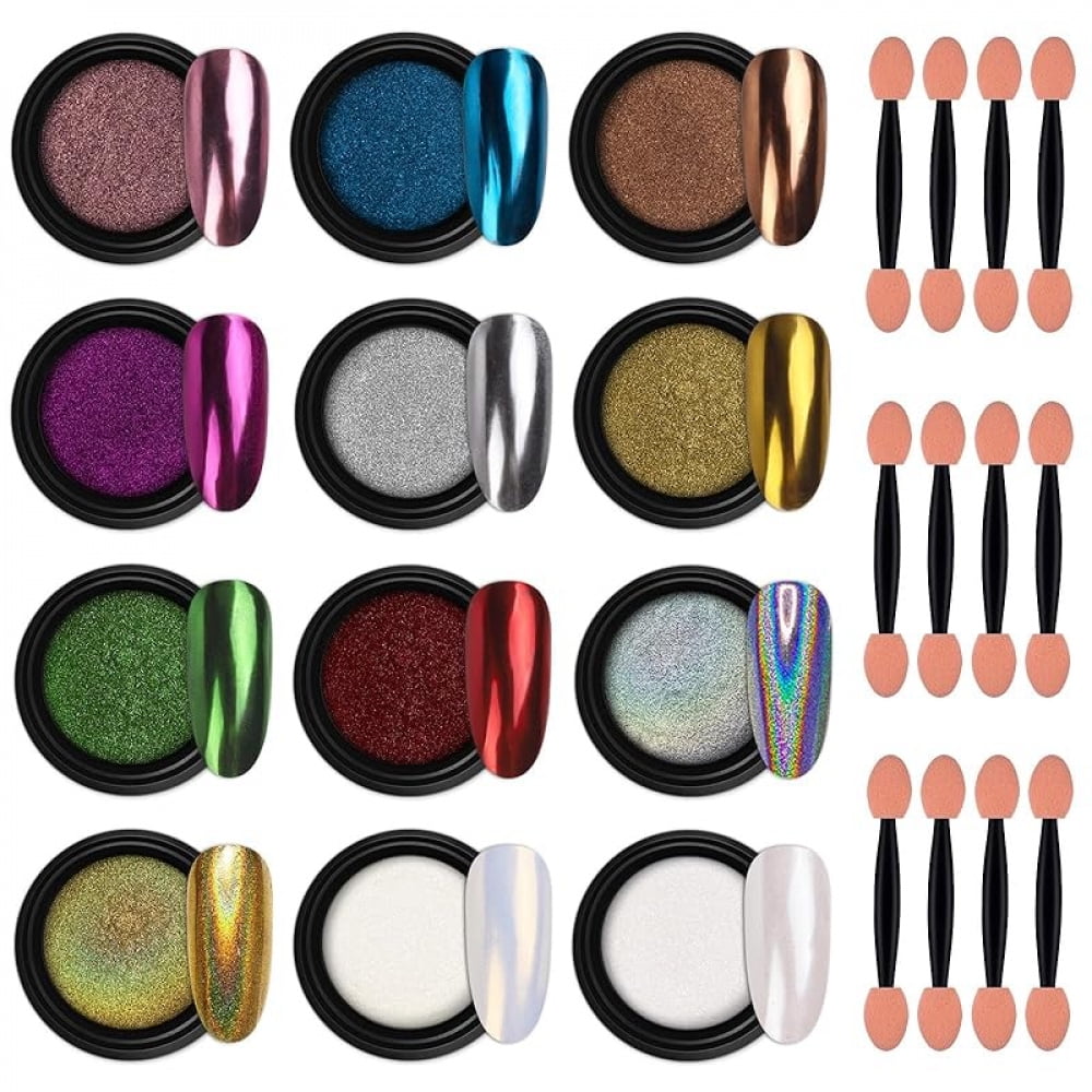 12 Jars Chrome Nail Powder Magic White Pearl Kit Mirror Effect Silver ...