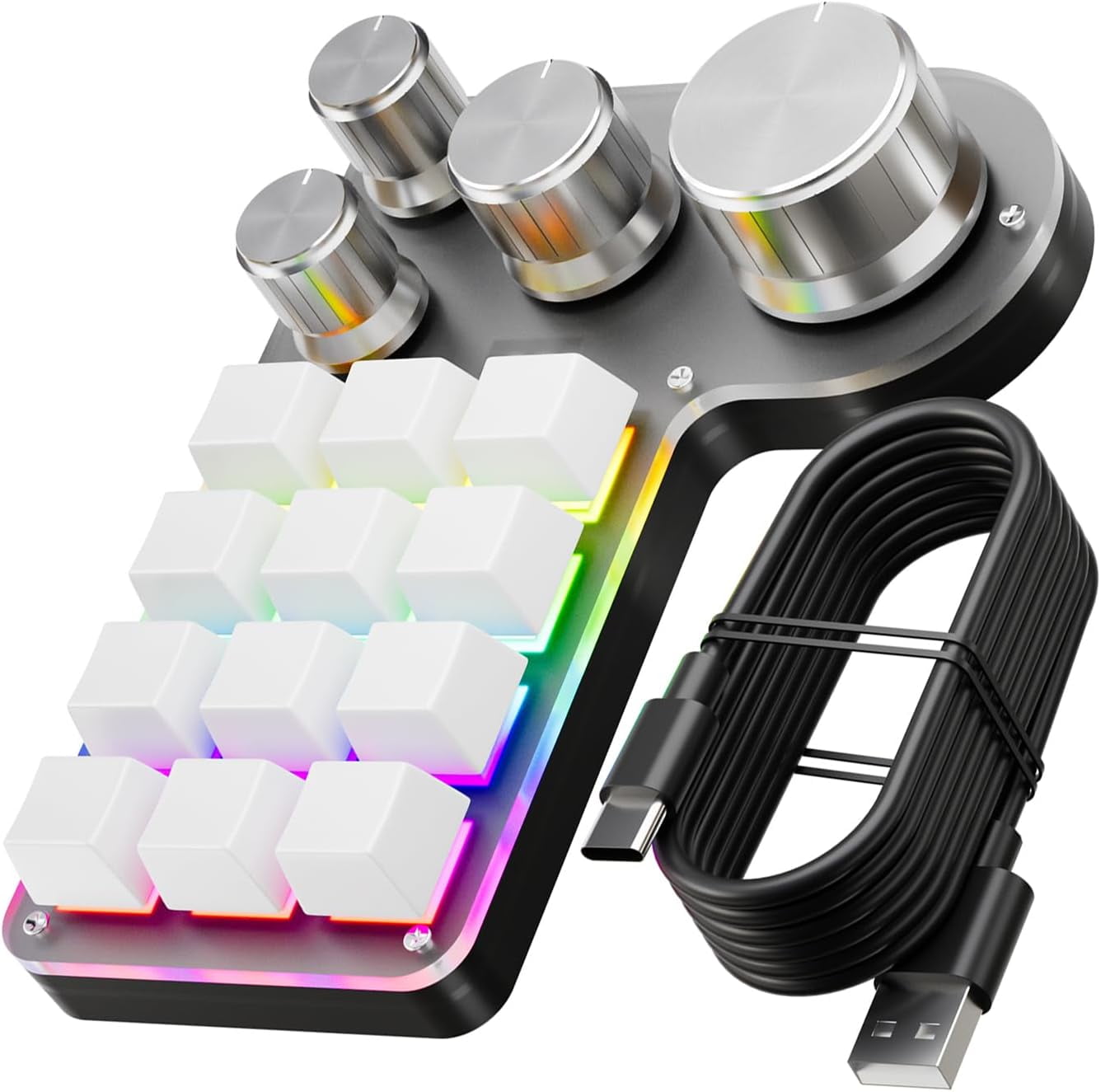 12-Key Programmable Macro Gaming Keypad with 4 Knobs, USB Wired ...