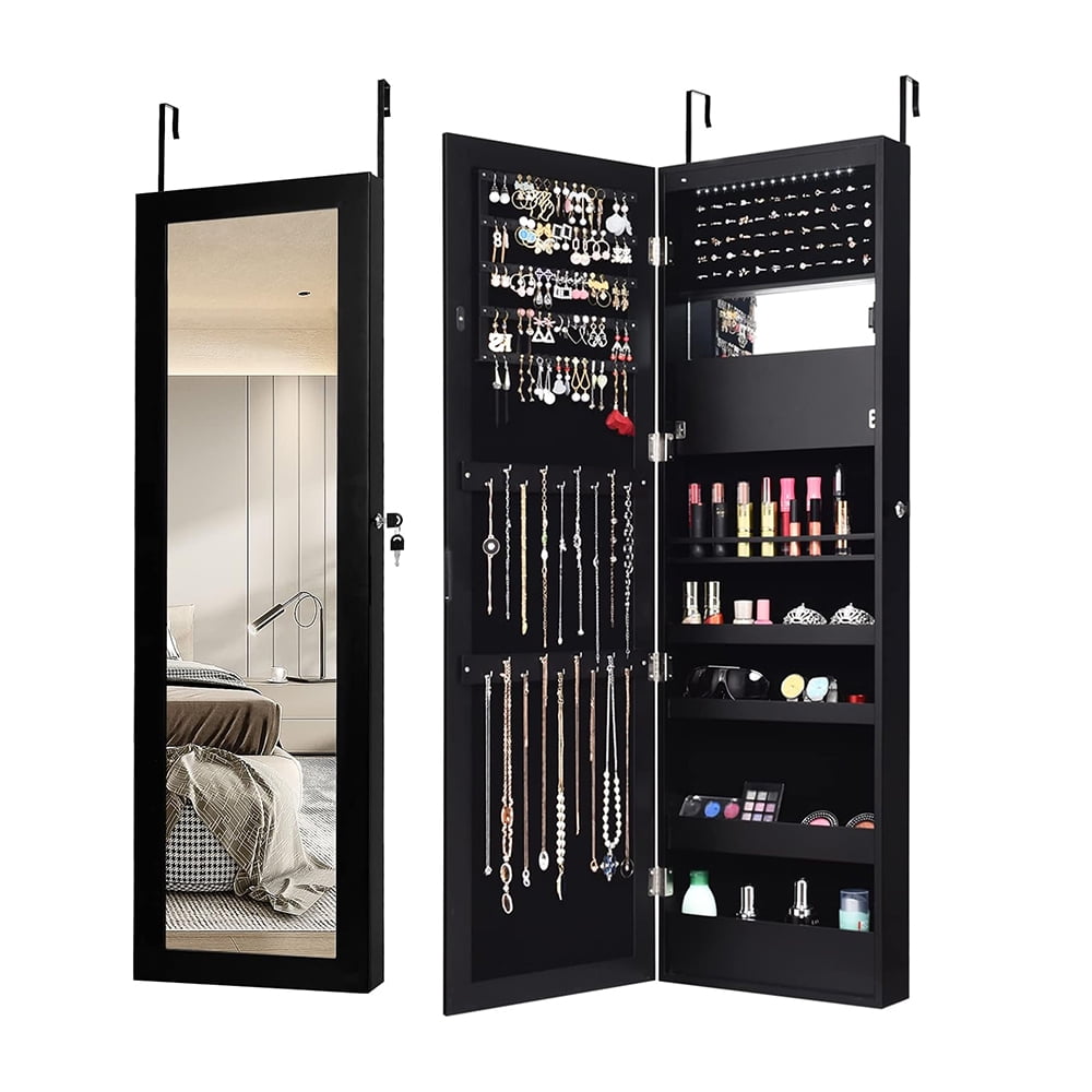 12 LEDs Mirror Jewelry Cabinet, Wall/Door Mounted Jewelry Organizer ...
