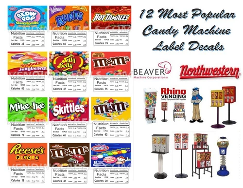 12 Laminated Cards Xl 3.25 X 3.25" Vending Candy Machine Labels With ...