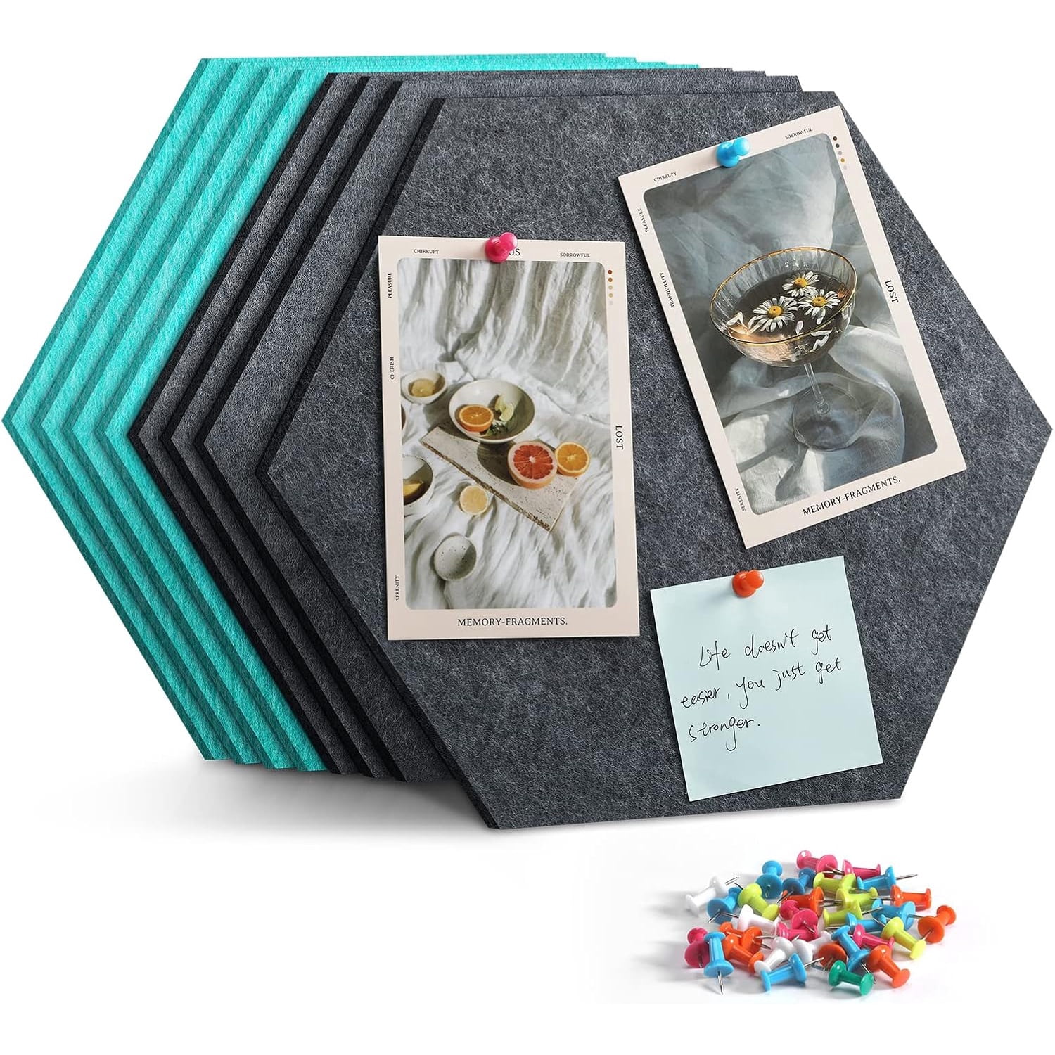 12" Large Bulletin Board with 30 Push Pins, Pack of 8 Hexagon Felt Pin ...