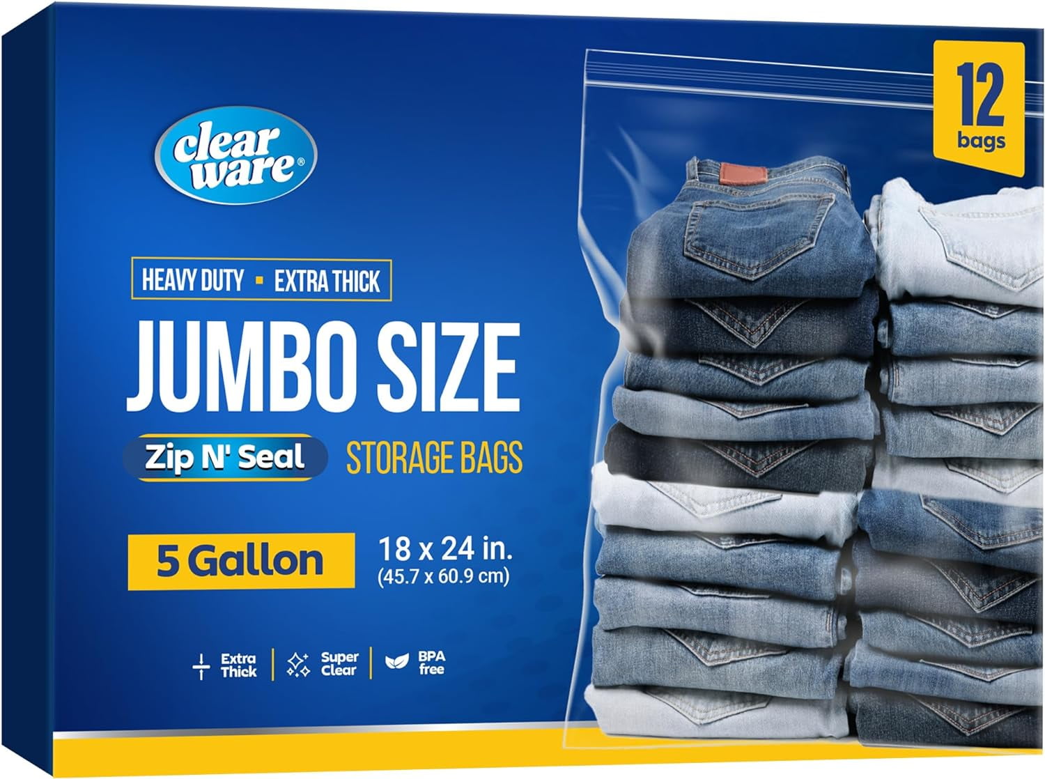 12 Large Storage Bags With Zipper Top - 5 Gallon Bags 18" x 24", Extra ...