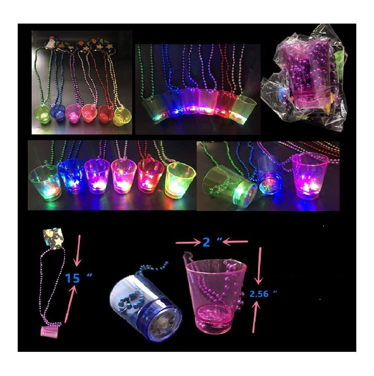 12 Light Up Flashing LED Shot Glass Mardi Gras Bead Necklace Party ...