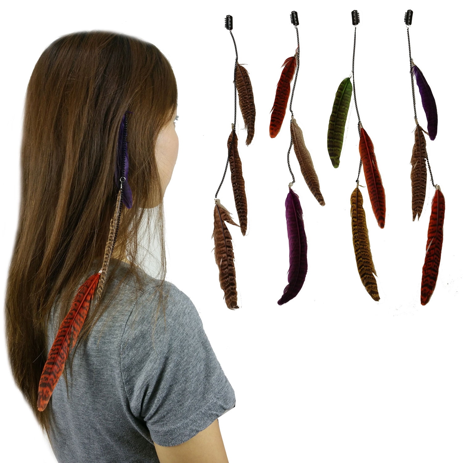 12 Long Feather Extension with Clip On Comb Assorted Feather Hair Clips ...