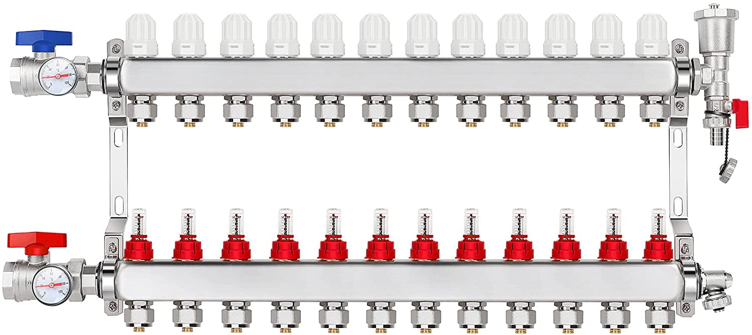 12 Loop PEX Radiant Floor Heating Manifold with Stainless Steel,1/2 ...