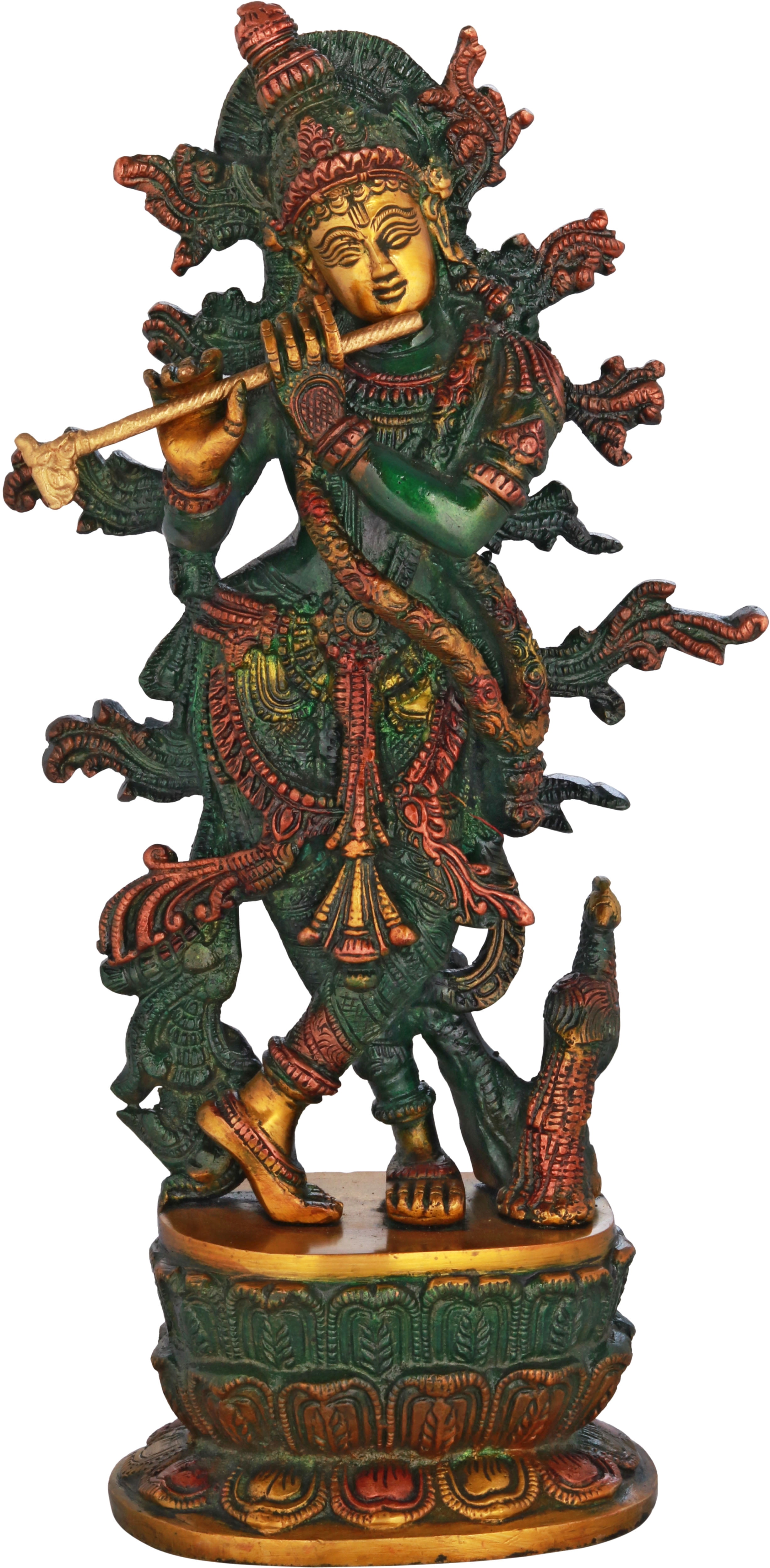12" Lord Krishna Idol Playing Flute | Handmade Brass Sculpture | Made ...