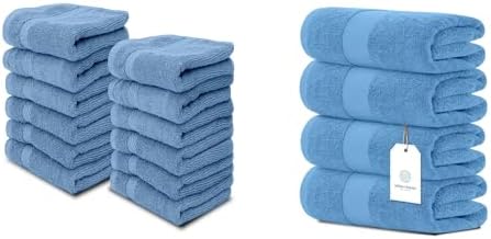 12 Luxury Light Blue Washcloths 13 x 13 and 4 Luxury Bath Towels 27 x ...