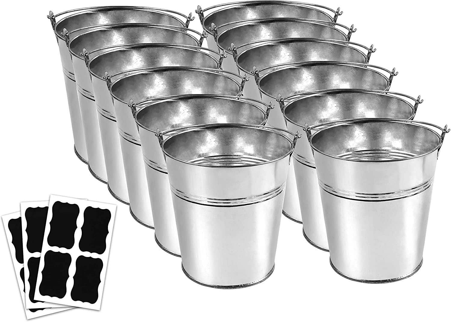 12 Metal Buckets with Chalkboard Stickers, Small Galvanized Pail for ...