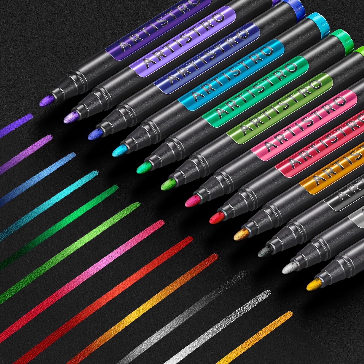 12 Metallic Acrylic Paint Markers - Medium Point Pens for Rock, Wood ...
