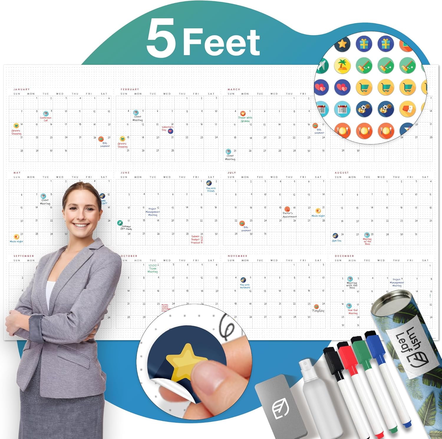 12-Month Dry Erase Calendar for Wall - 38" x 60" - Full Year White ...