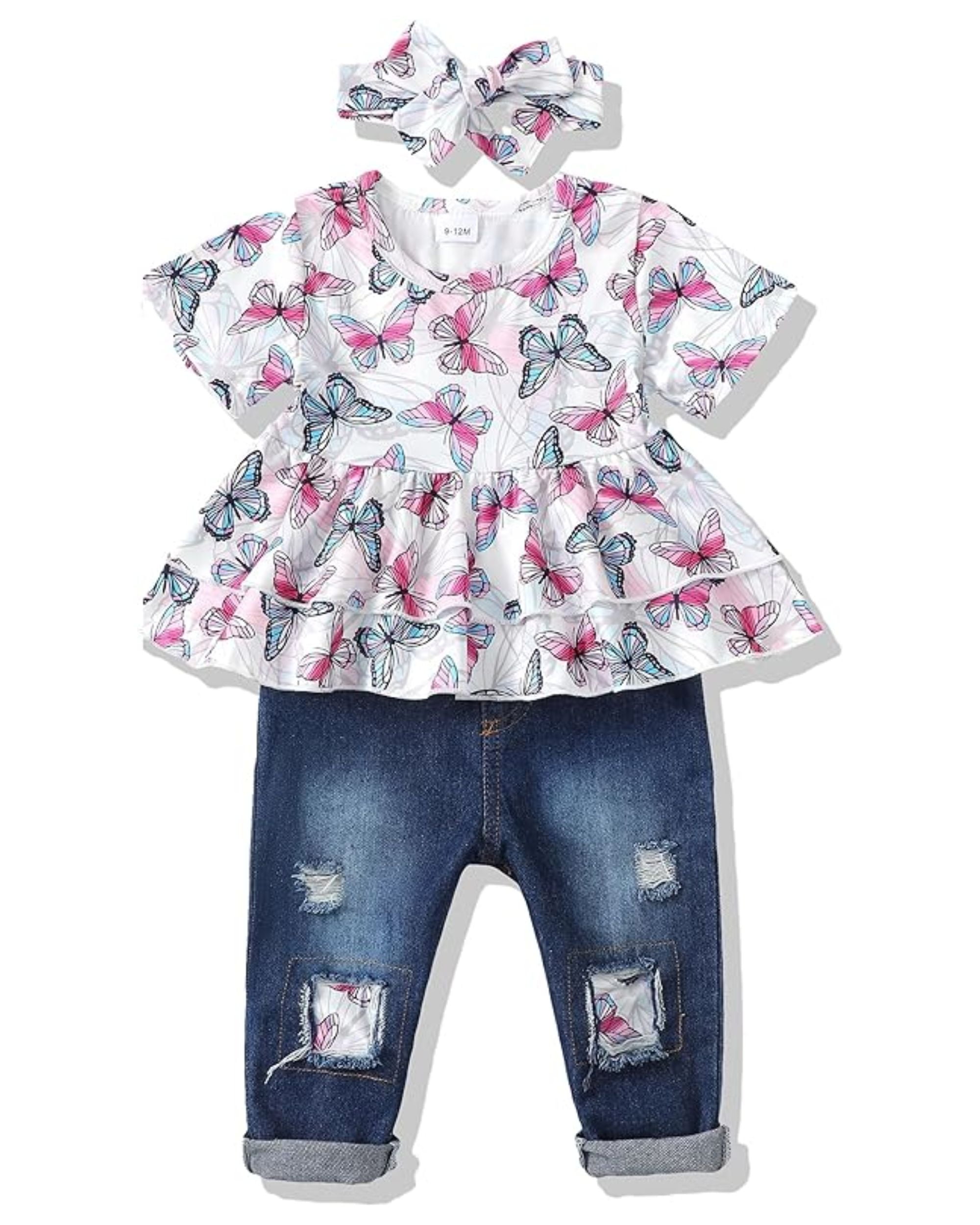 12 Month Girl Clothes Baby Girl Summer Outfits Denim Pant Sets Ruffle ...
