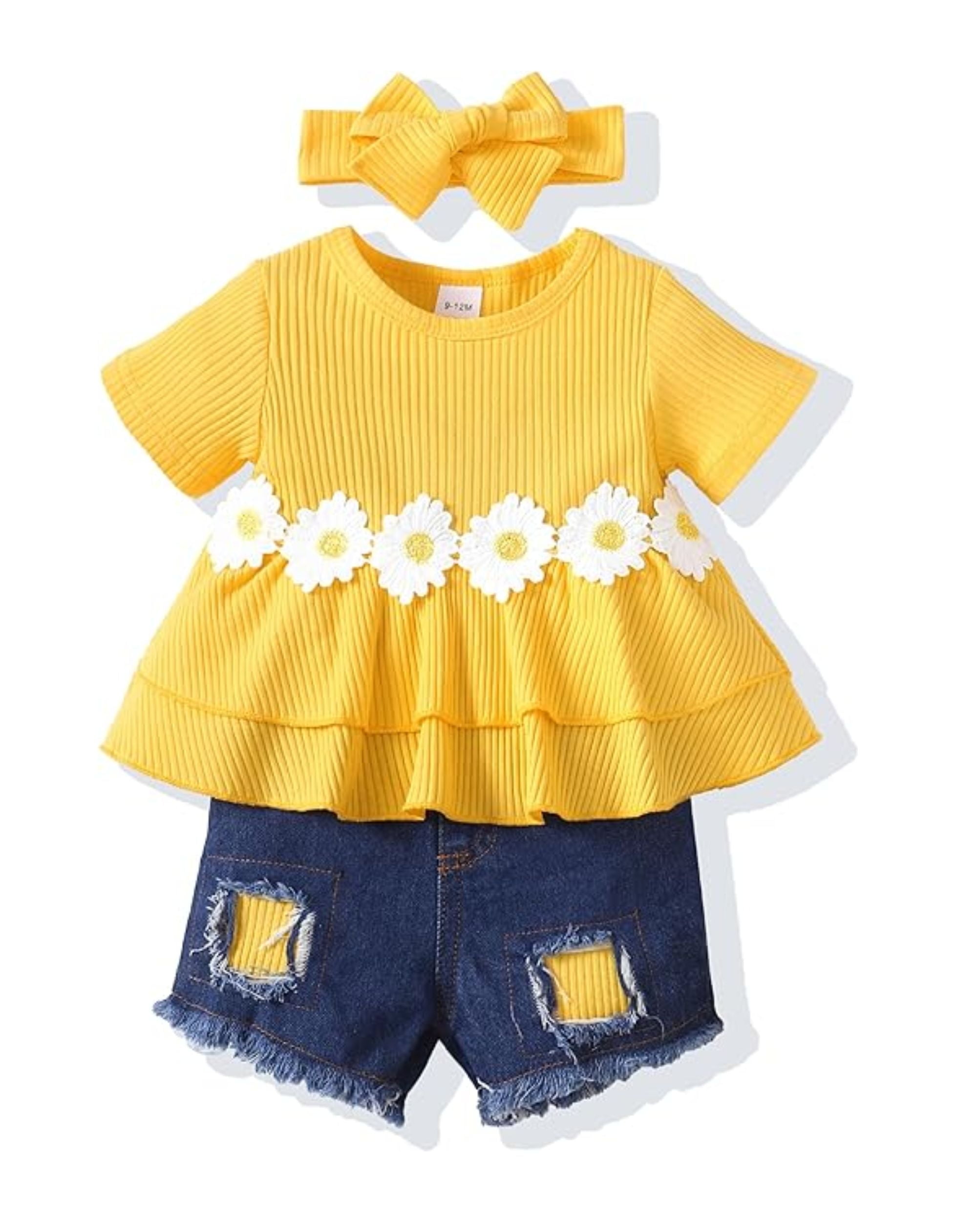 Toddler Girls Outfit Summer Yellow Daisy Short Sleeve Flower Tops Denim Shorts Set Spring 12-18 ...