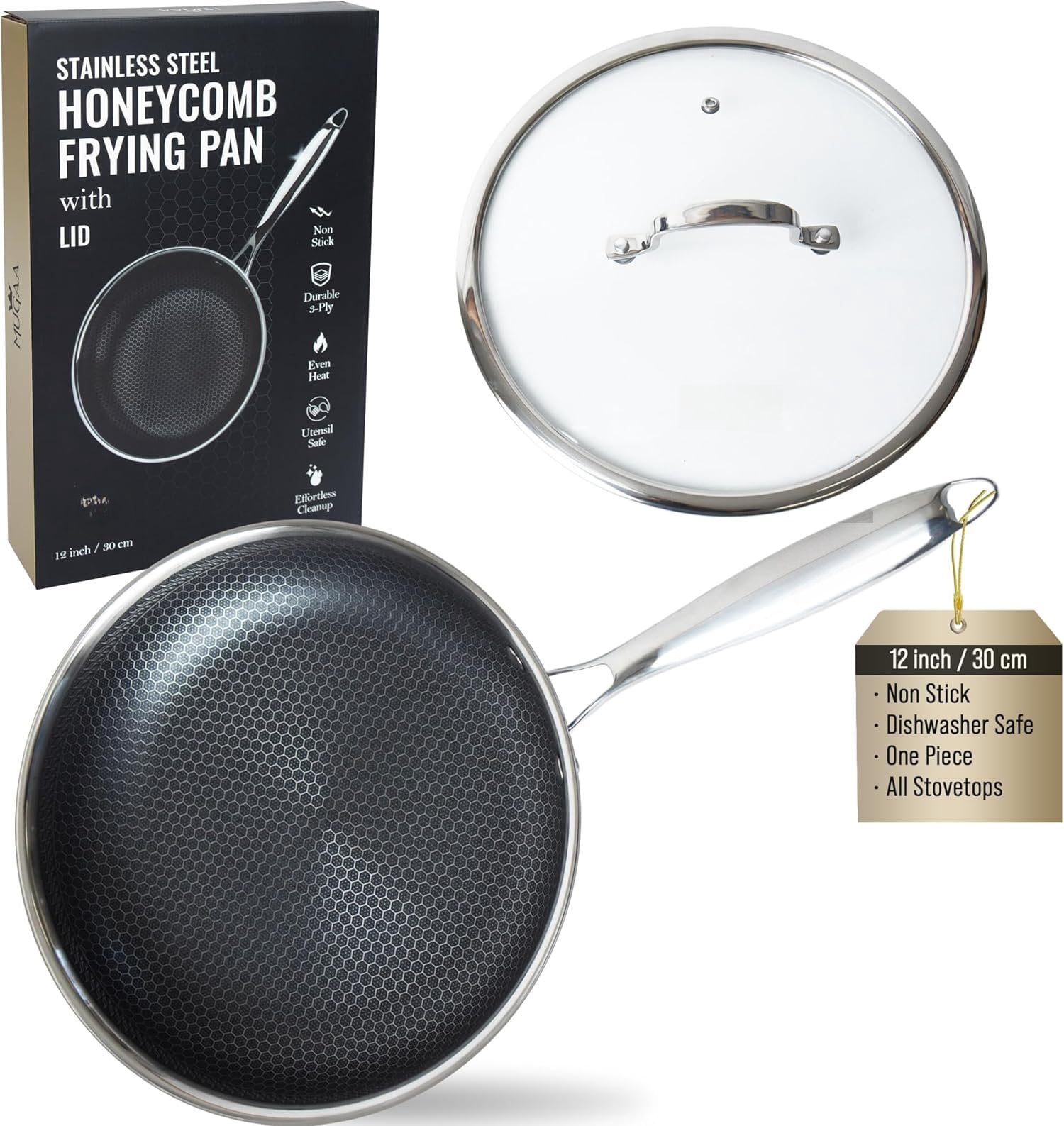 12" Non- Stainless Frying Pan with Lid | Honeycomb Hybrid Skillet for ...