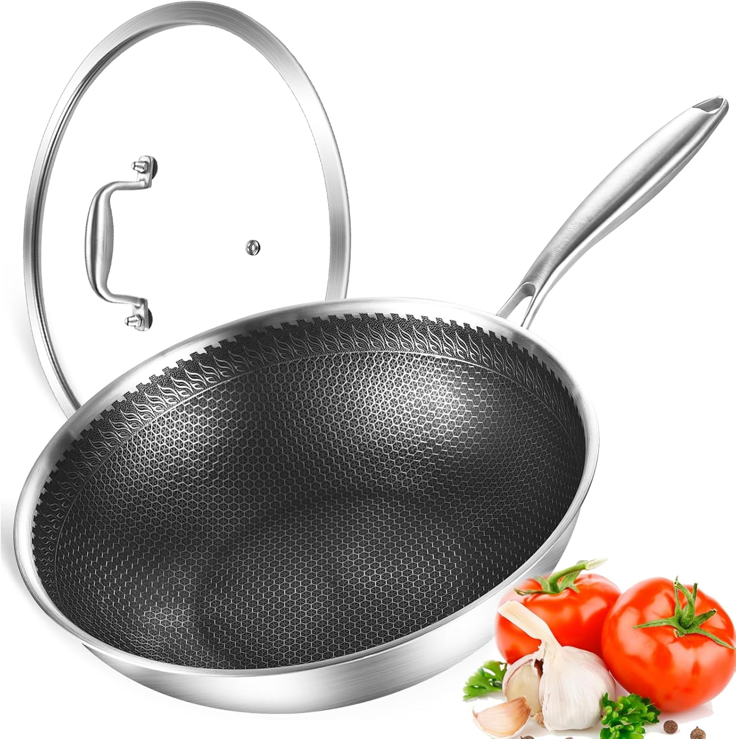 12" Nonstick Wok Pan With Lid, Tri-Ply Stainless Steel Saute Pan with ...