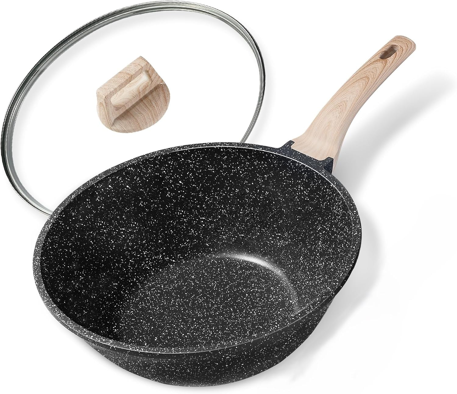 12" Nonstick Wok with Lid | 5.3QT Granite-Coated Induction Cookware ...