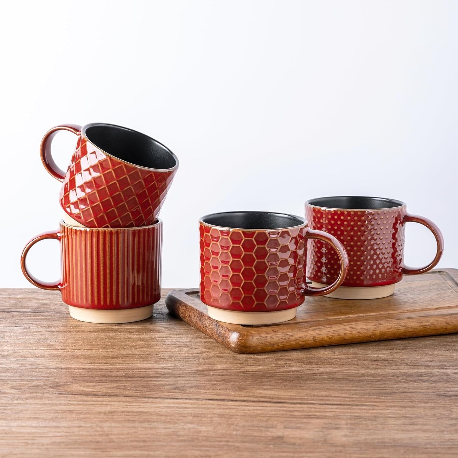 12 OZ Stackable Coffee Mugs, Ceramic Coffee Cups with Texture Patterns ...